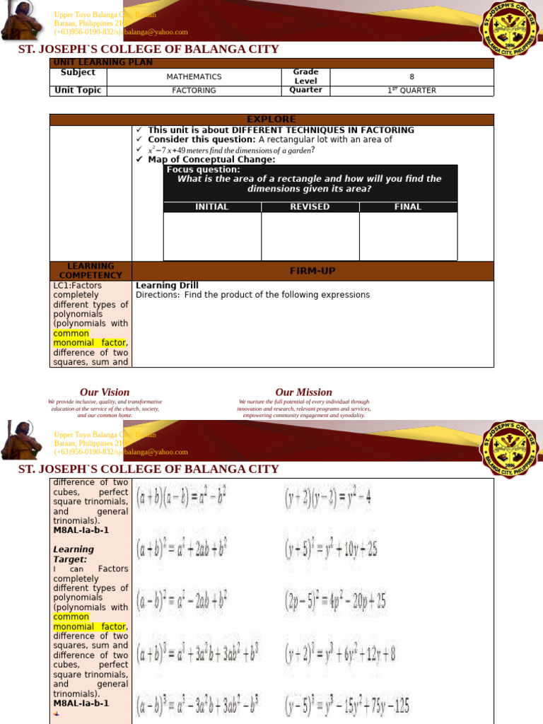 Mathematics 8 Unit Plan q1 Nebrechristian | PDF | Factorization | Polynomial