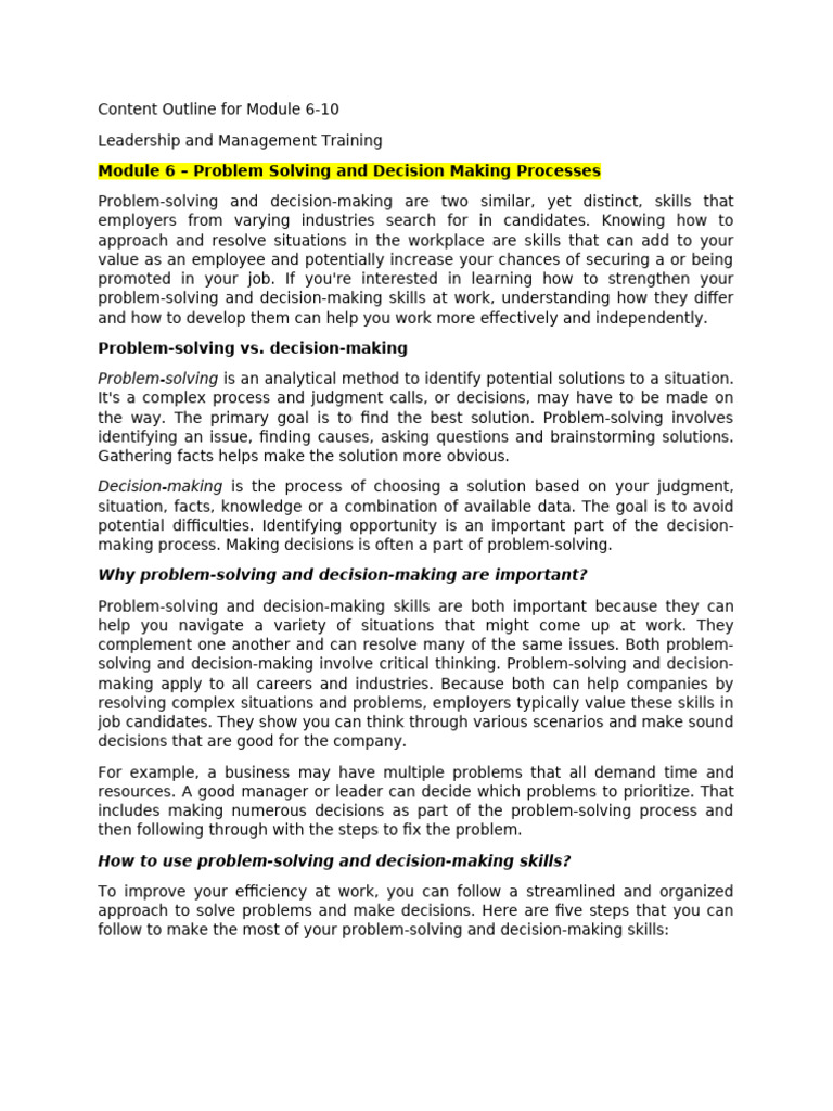 Content For Modules 6-10 in Leadership and Management Training | PDF ...