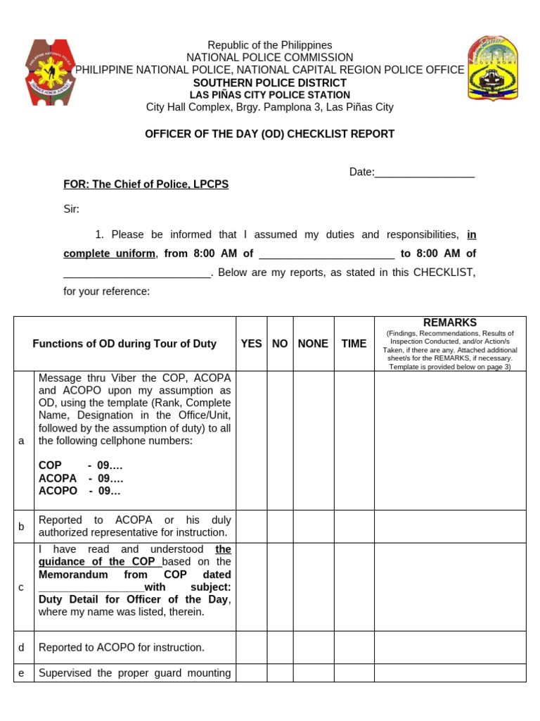 AMENDED OD CHECKLIST REPORT | PDF | Law Enforcement | Crime & Violence