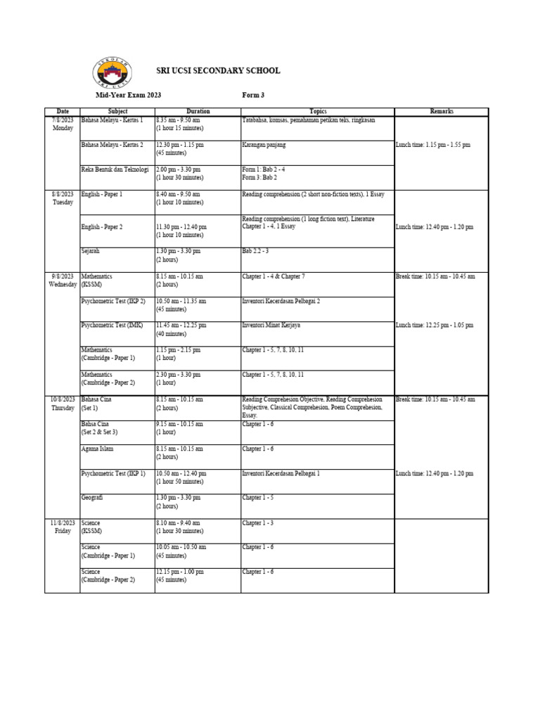 SRI UCSI Form 3 Mid-Year Exam Schedule | PDF
