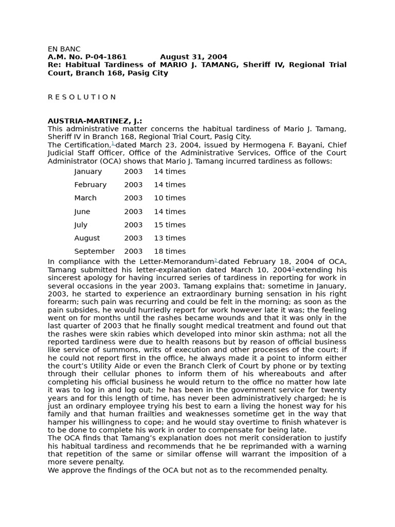 Habitual Tardiness of Mario J. Tamang | PDF | Justice | Crime & Violence