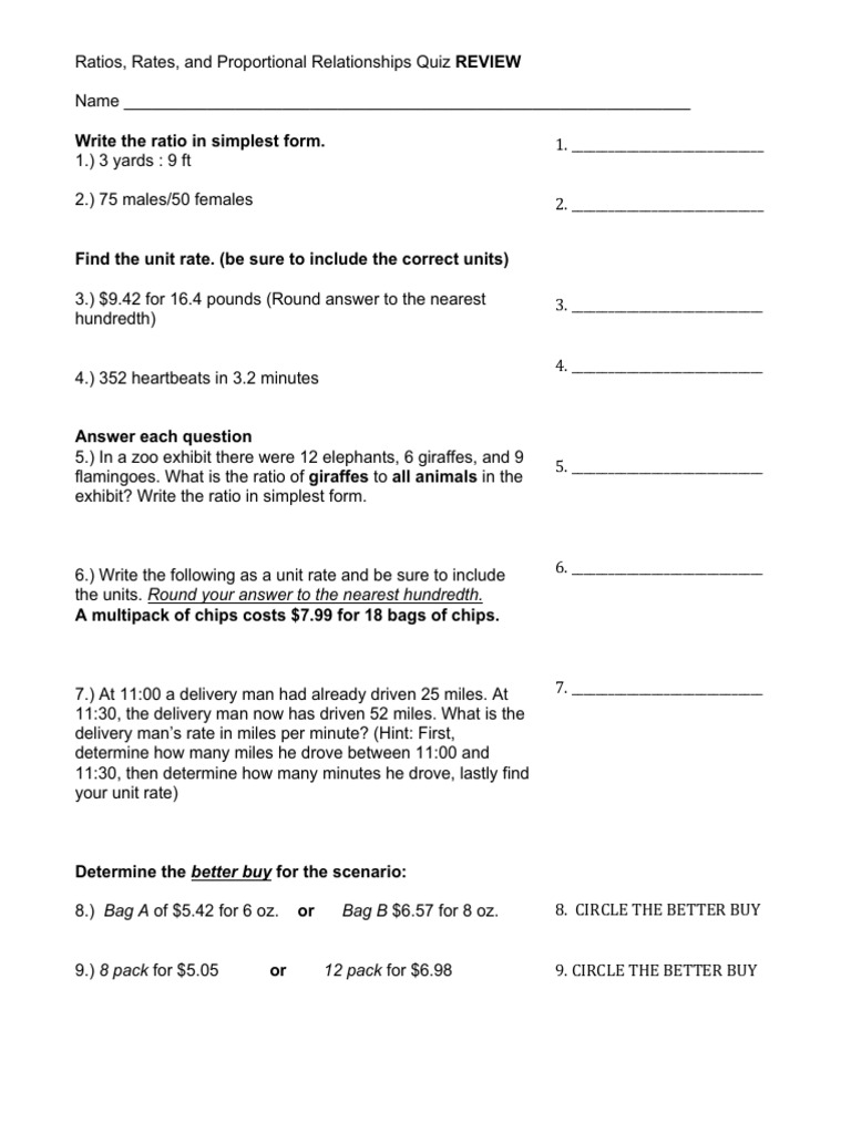 Ratios and Rates Quiz REVIEW | PDF