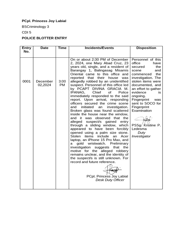 Blotter Entry 1 | PDF