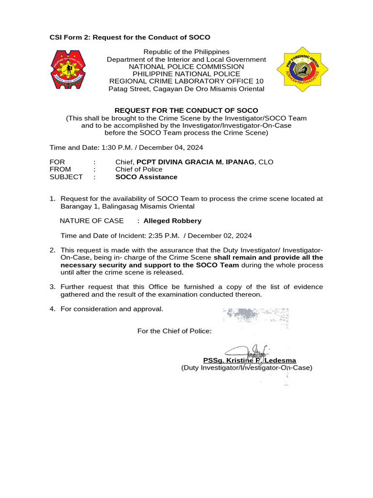 CSI Form 2 Request For The Conduct of SOCO | PDF