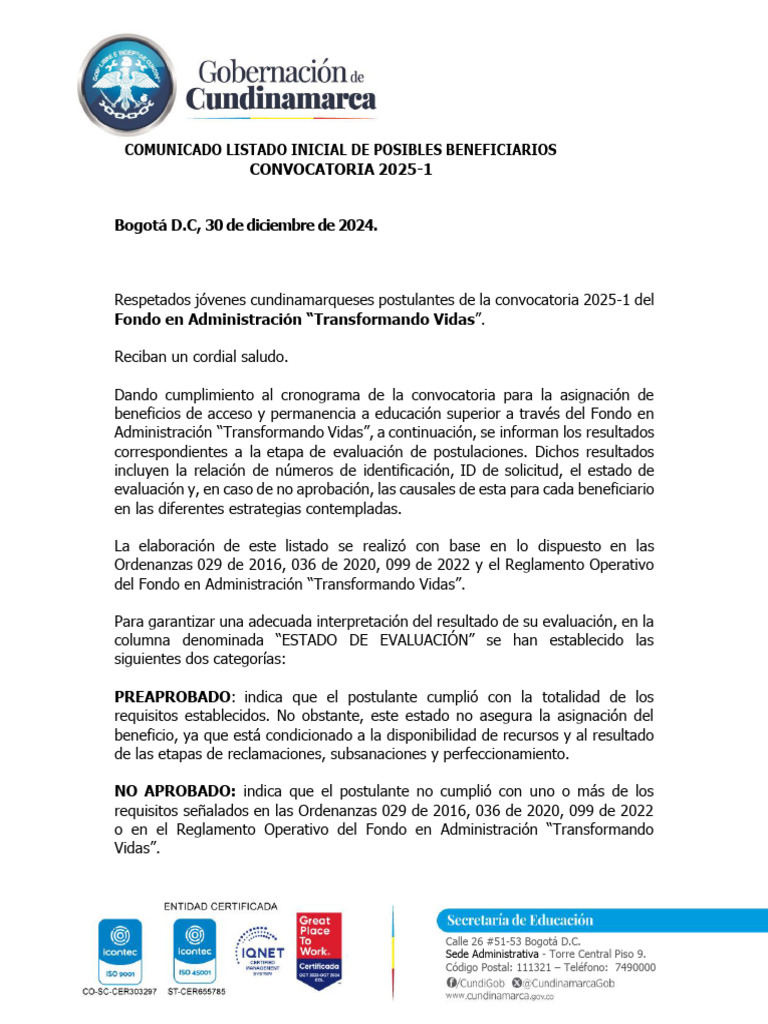 Resultados Convocatoria Transformando Vidas 2025 | PDF