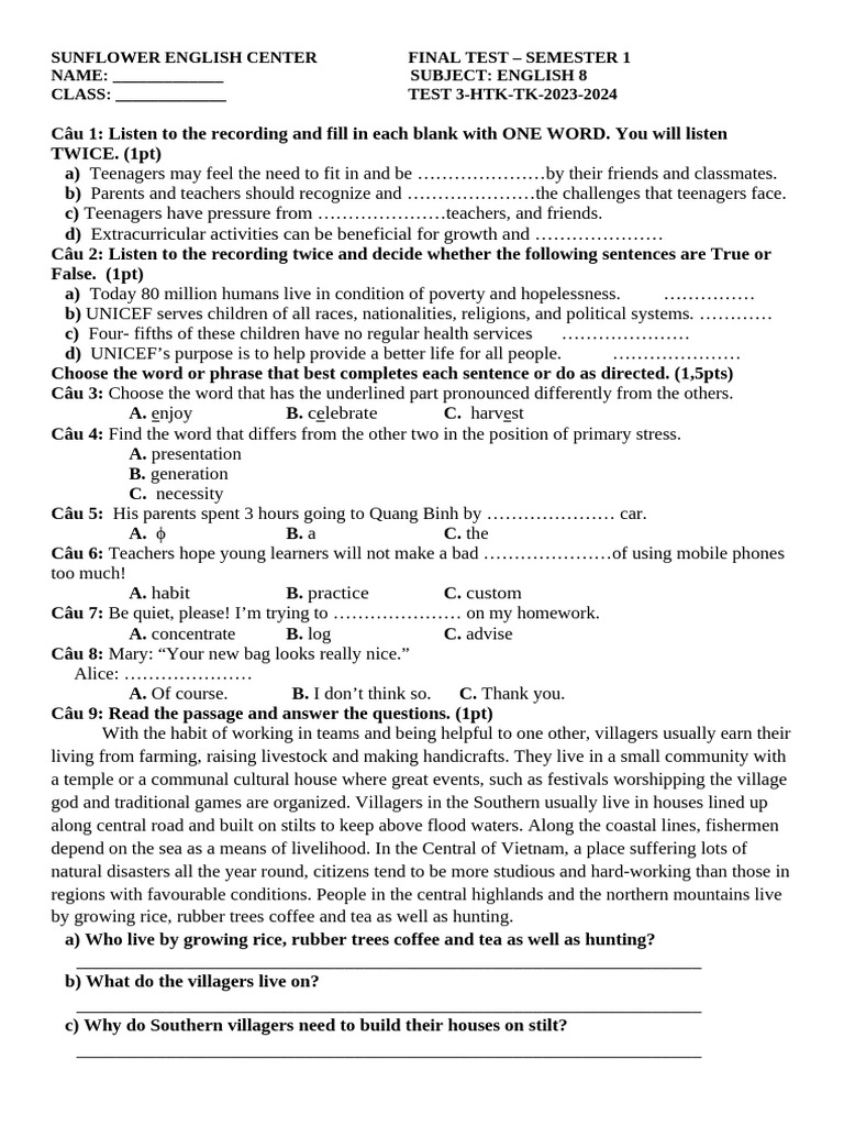 GRADE 8-TEST 3-HTK-TK-23-24 | PDF