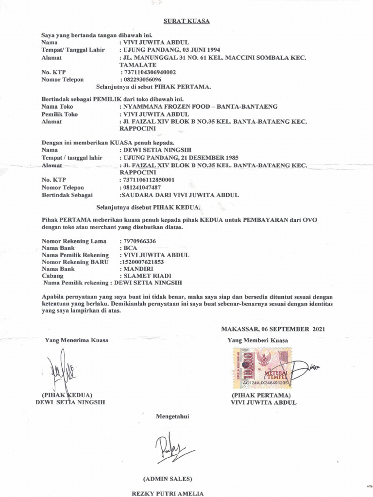 01 Surat Kuasa pindah No Rek Grabmart | PDF