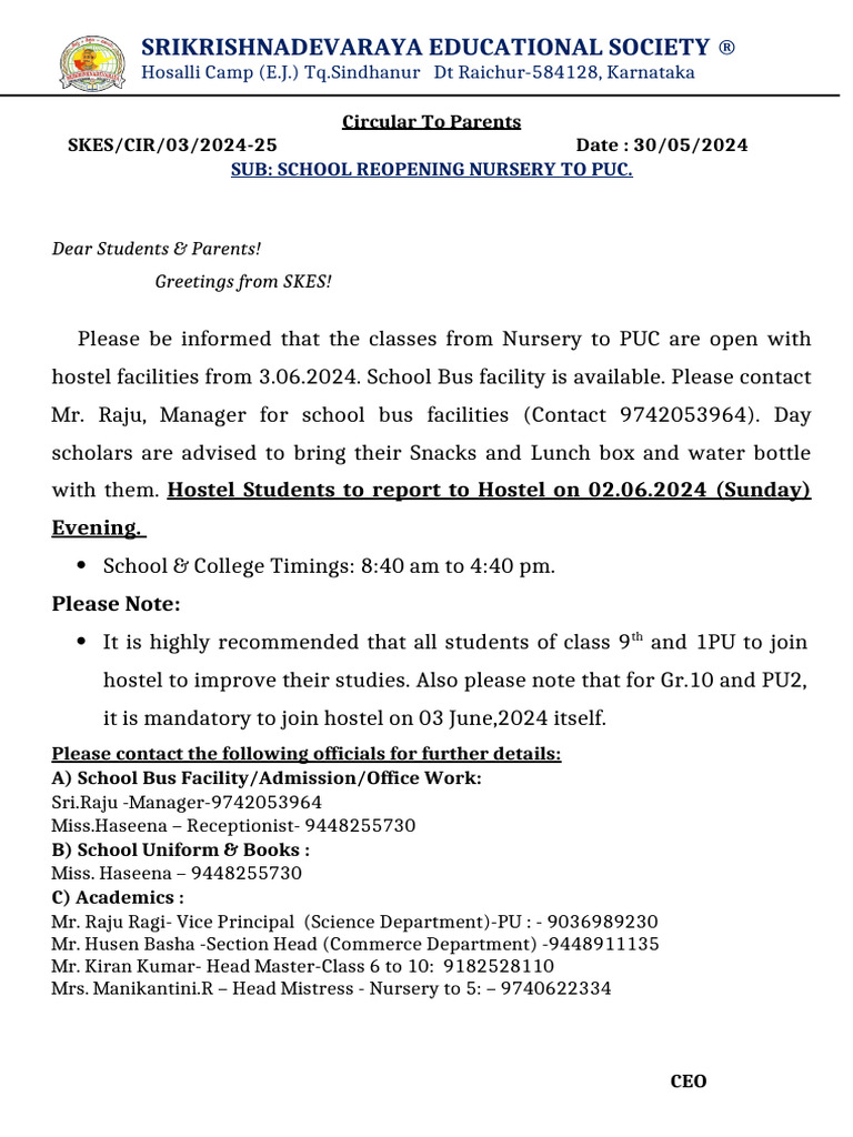 CTP 03 School Reopening NUR TO PUC 2024-25 | PDF