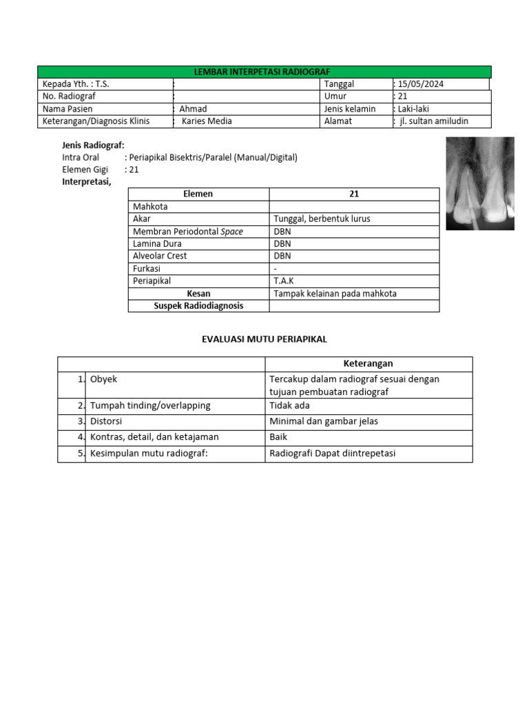 Lembar Interpretasi Periapikal 4 Gambar | PDF