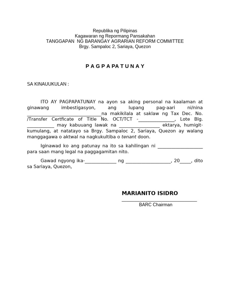 BARC BRGY. PATUNAY - BARC Isidro | PDF