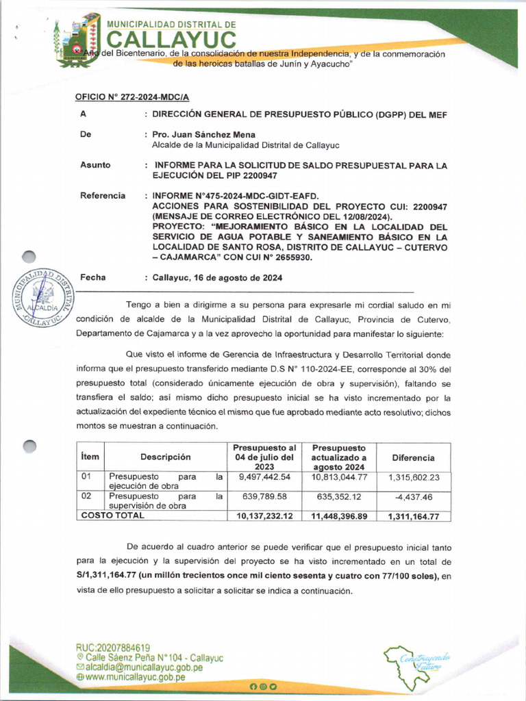 OFICIO N° 272-2024-MDC-A | PDF