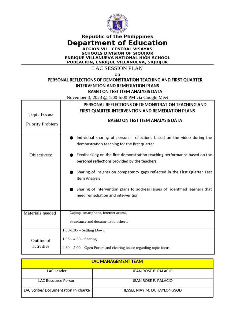 LAC Session Plan on Professional Reflections With Colleagues to Enhance ...