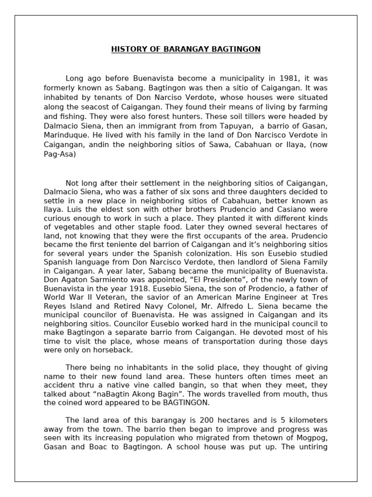 History of Barangay Bagtingon | PDF