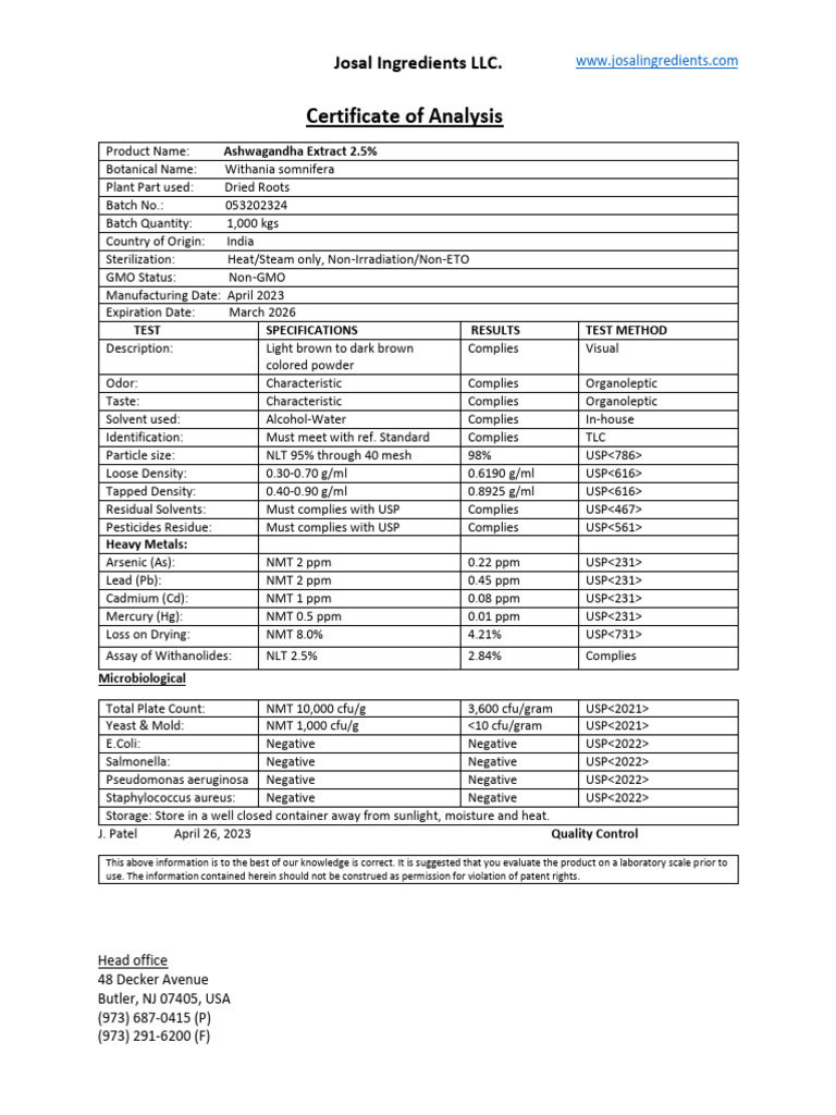 Ashwagandha Extract Certificate of Analysis | PDF