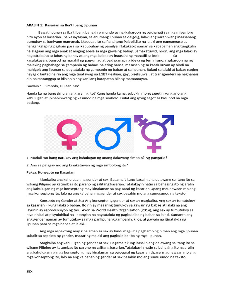 Aralin 1 Kasarian Sa Ibat Ibang Lipunan | PDF