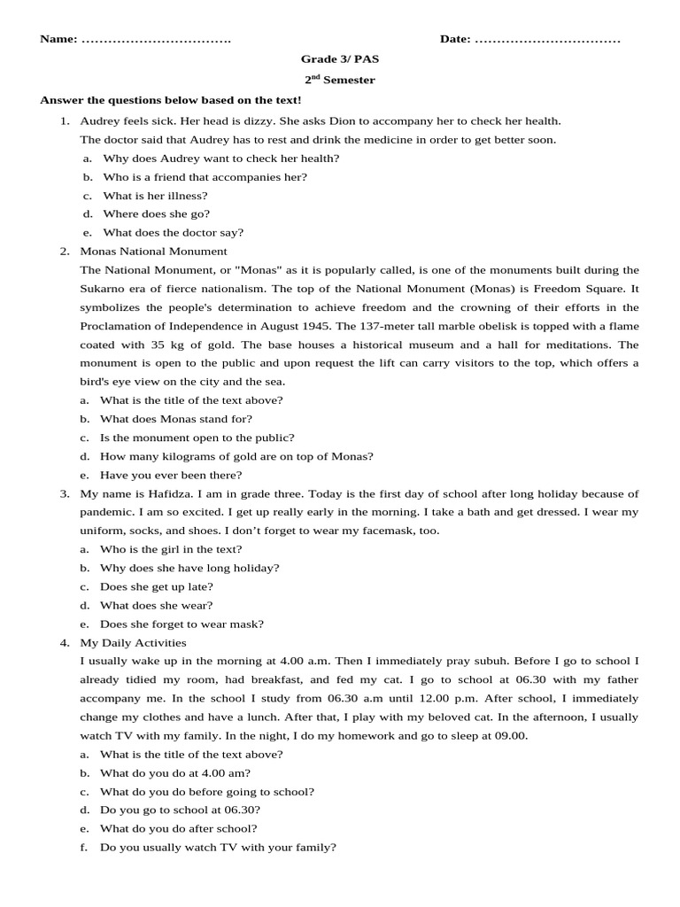 Grade 3 Health and Daily Activities Quiz | PDF