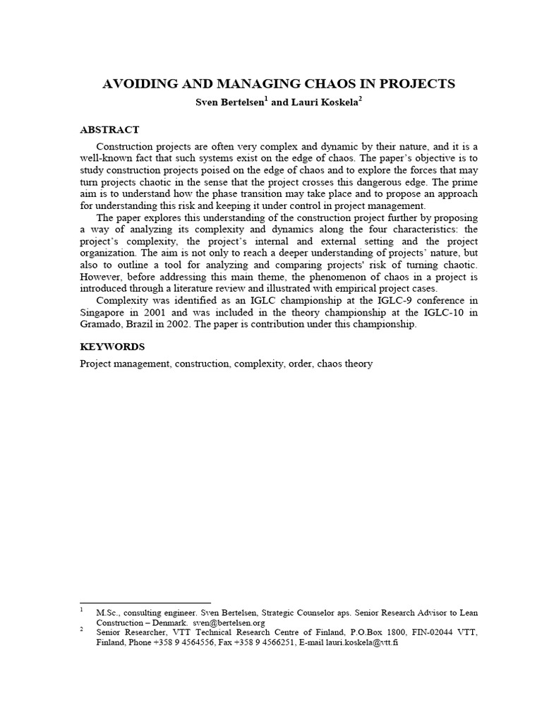 Bertelsen and Koskela 2003 - Avoiding and Managing Chaos in Projects | PDF | Chaos Theory | Risk