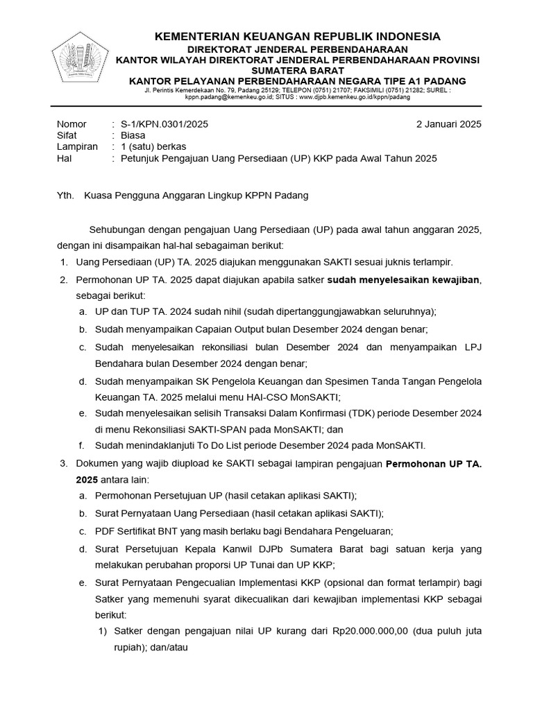 Petunjuk Pengajuan UP 2025 KKP | PDF