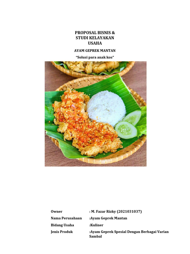 18 - Proposal Bisnis - Studi Kelayakan Usaha Ayam Geprek Mantan M. Fazar Rizky (2021031037) | PDF