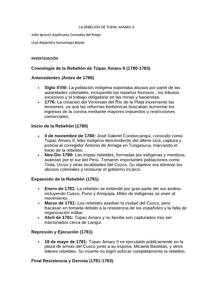 La Rebelión de Tupac Amaru Ii | PDF | Antiguas colonias españolas ...