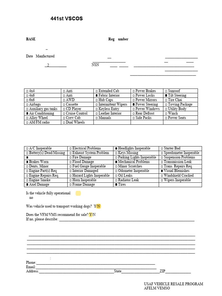 441st VSCOS Vehicle Checklist | PDF | Four Wheel Drive | Pickup Truck