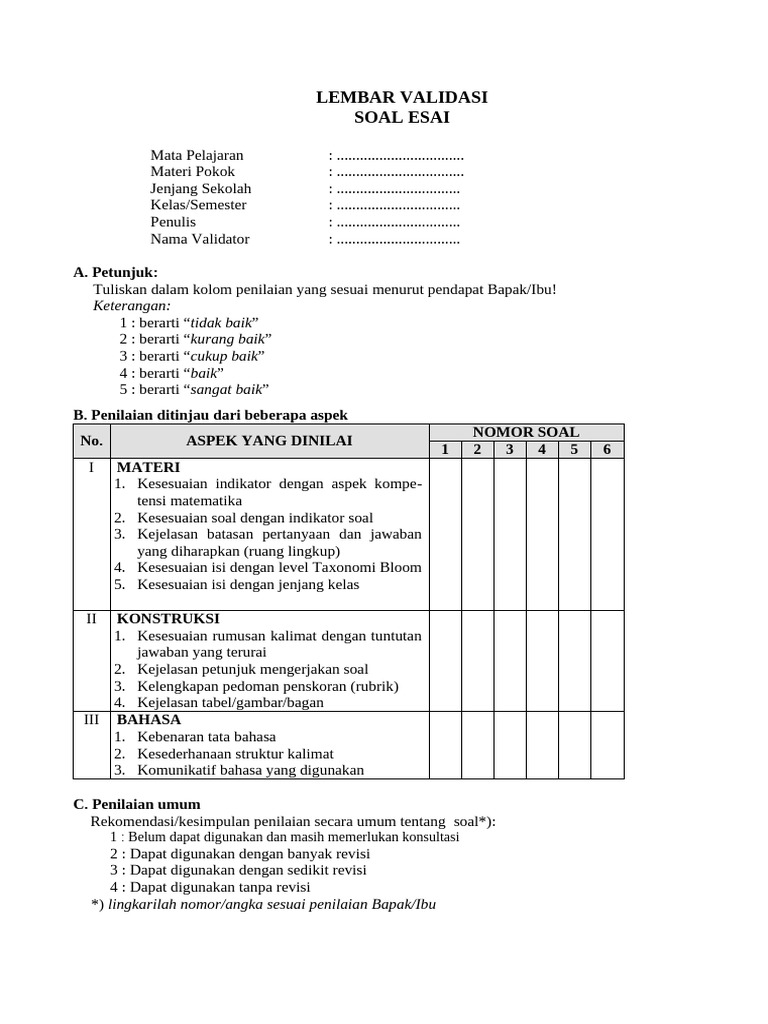 Lembar Validasi Soal Esai Rahmah | PDF