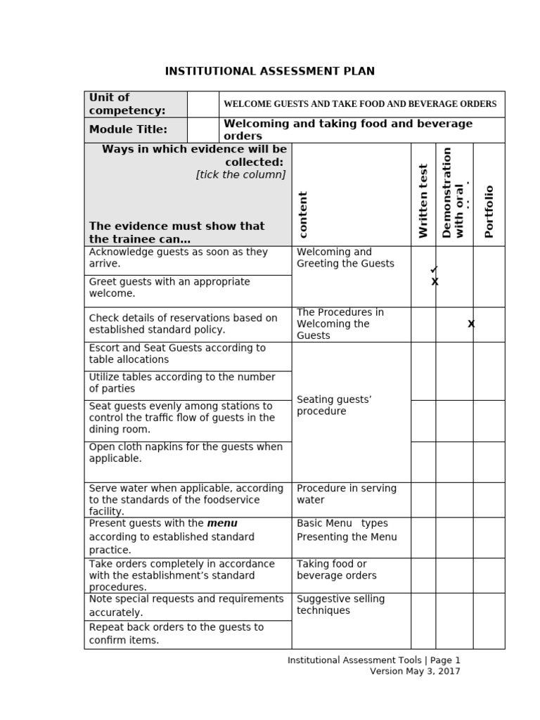 Institutional Assessment Plan | PDF | Tableware | Foodservice