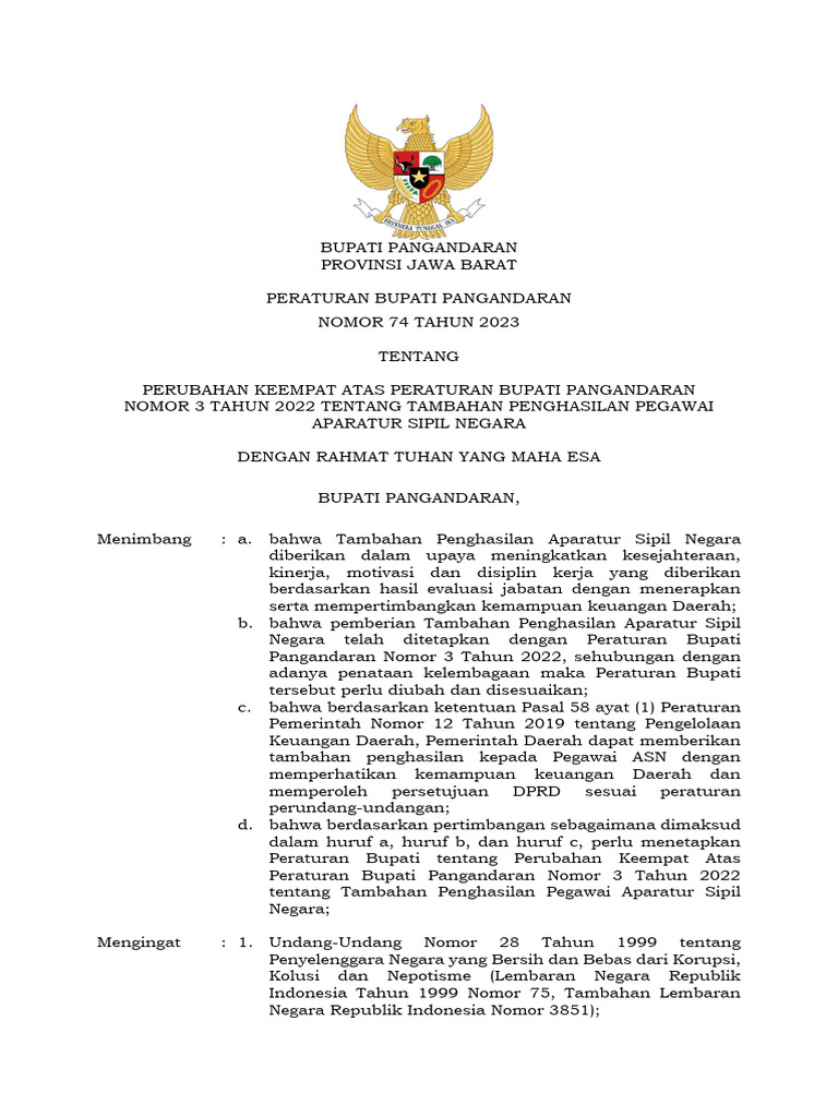 74.Perbup Nomor 74 Tahun 2023 Perubahan Keempat Perbup Tpp | PDF