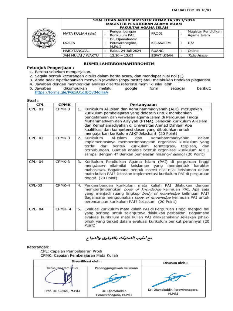 Soal UAS Pengembangan Kurikulum PAI Genap 202324 | PDF