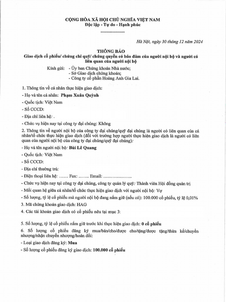 Hag Thong Bao Giao Dich CP Cua Nguoi Lien Quan Nguoi Noi Bo Pham Xuan Quynh Clear | PDF