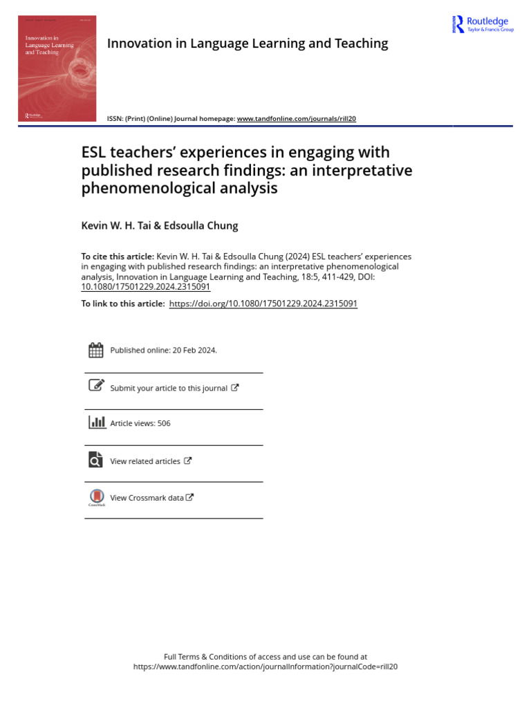 ESL Teachers Experiences in Engaging With Published Research Findings ...