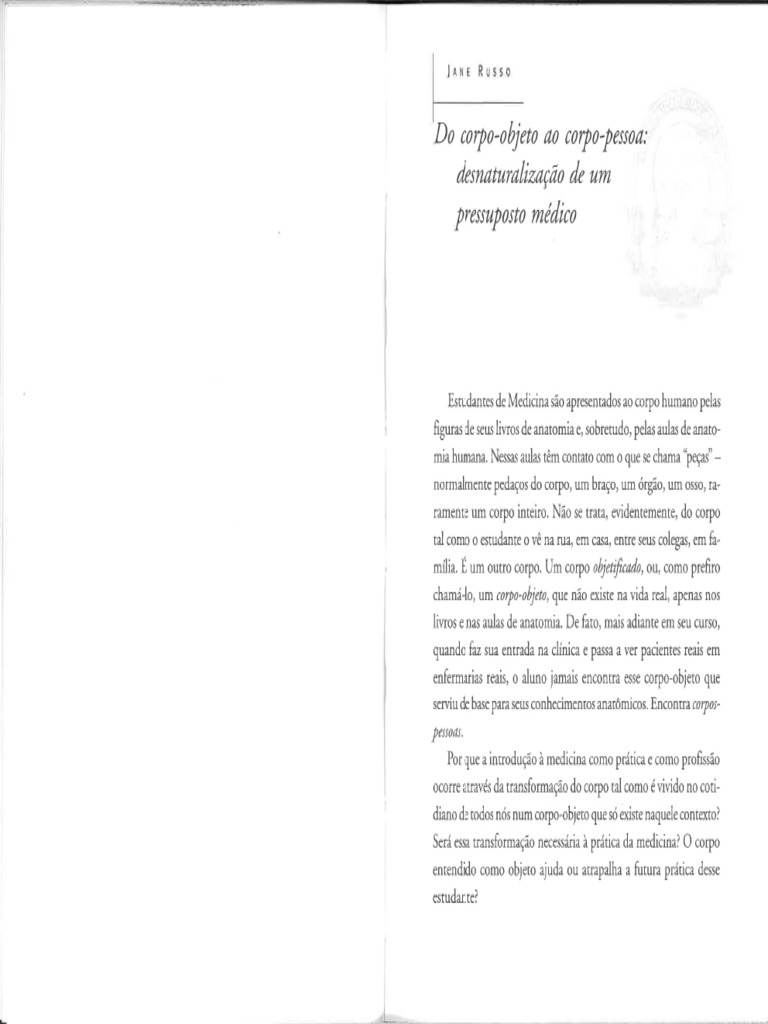 Texto Jane Russo Corpo Objt Corpo Pessoa HUMANIDADES | PDF