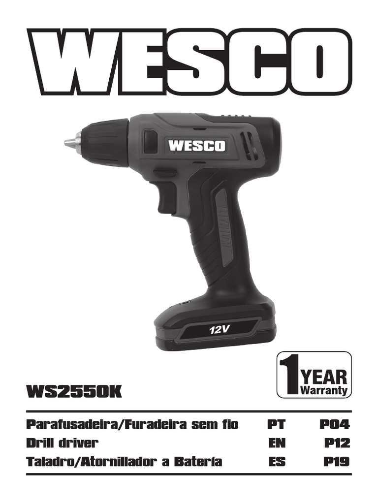 User Manual Furadeira e Parafusadeira 3 8 12v Com Kit de Brocas e Bits ws2550k Wesco | PDF ...