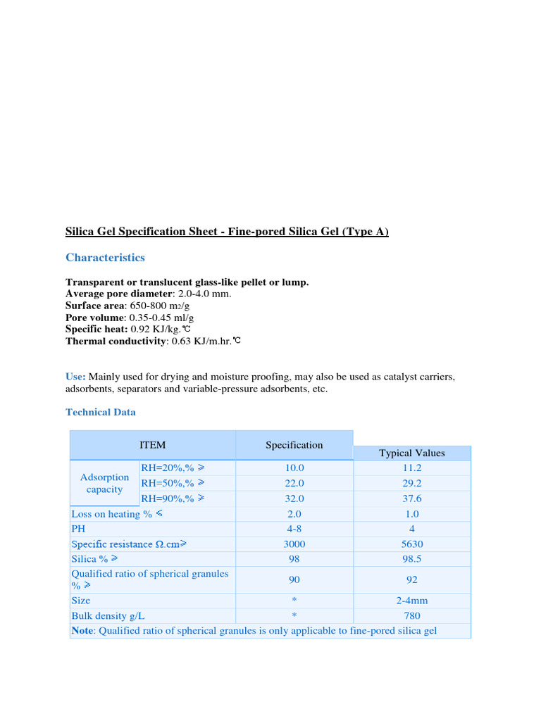 Silica Gel Specification Sheet - Fine-pored Silica Gel (Type A)_BASSG0.5_TDS | PDF | Adsorption ...