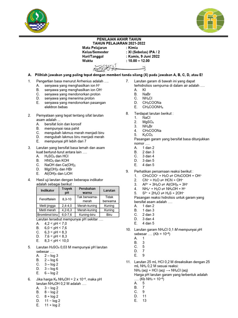 SOAL PAT Kimia XI 2022 PDF | PDF
