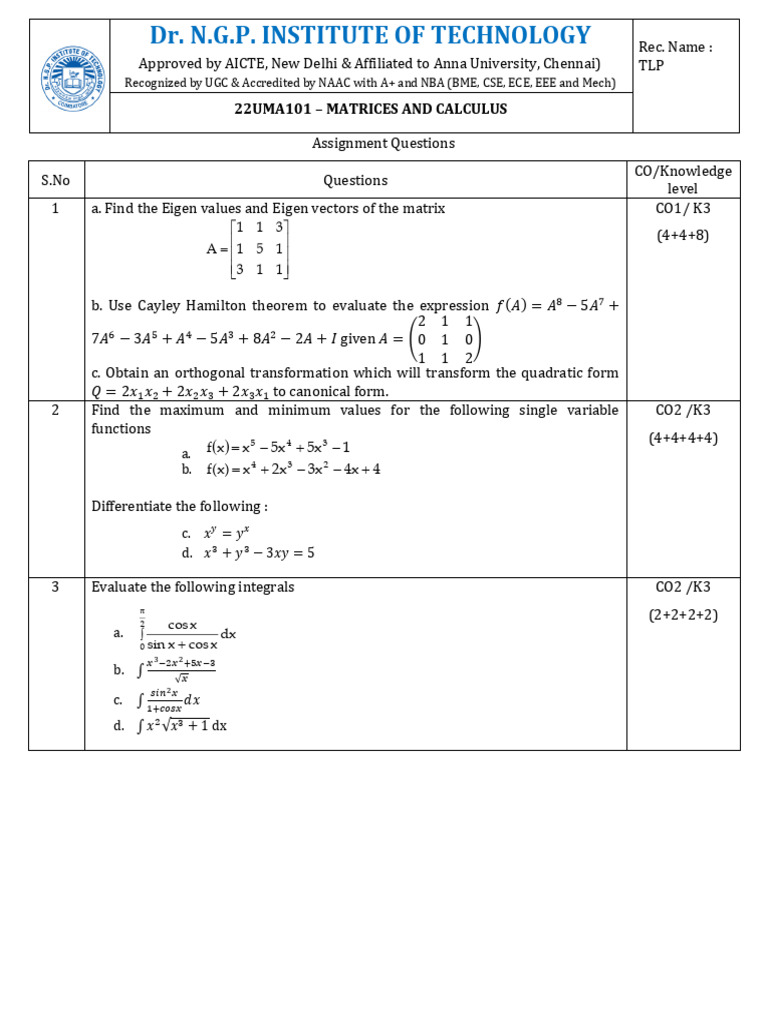 Matrices and Calculus Assignment Questions | PDF | Matrix (Mathematics) | Eigenvalues And ...