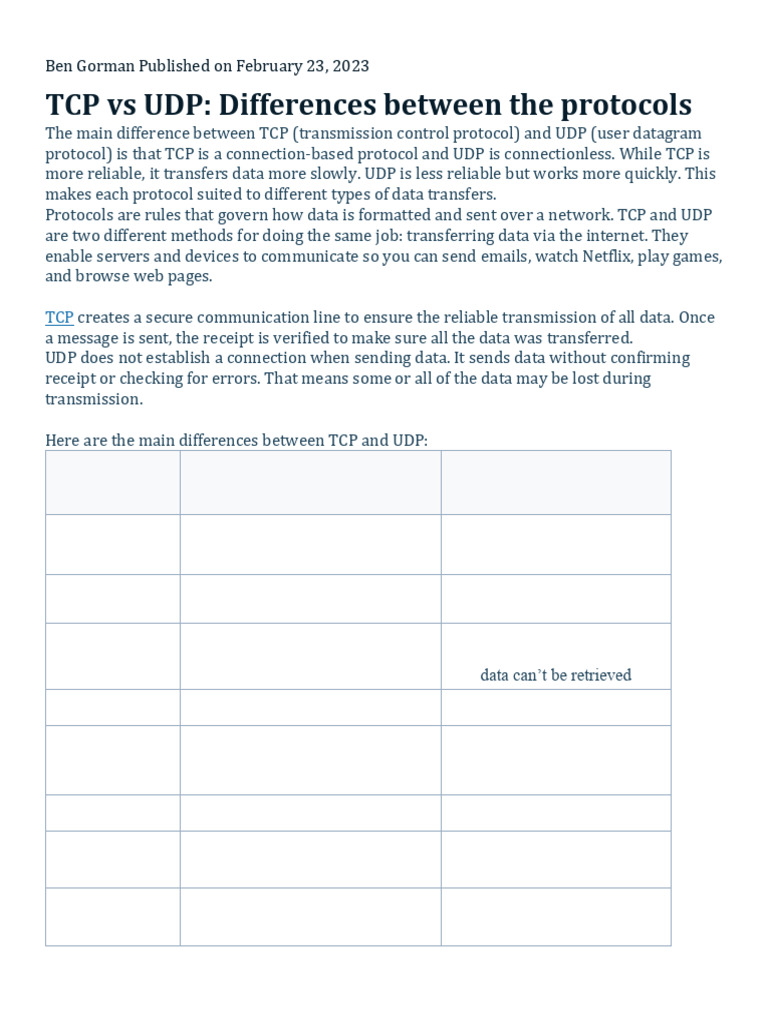 TCP vs UDP | PDF | Transmission Control Protocol | Computer Network