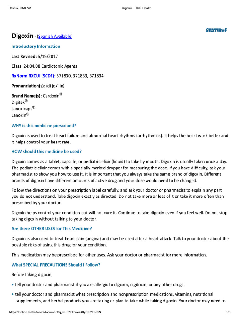 Digoxin Patient Information 2025 | PDF