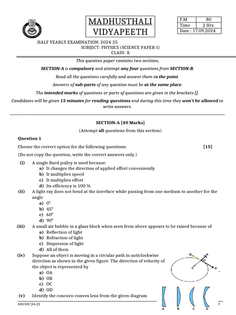 Class 10 Physics Half Yearly Paper 2024-25 | PDF | Force ...