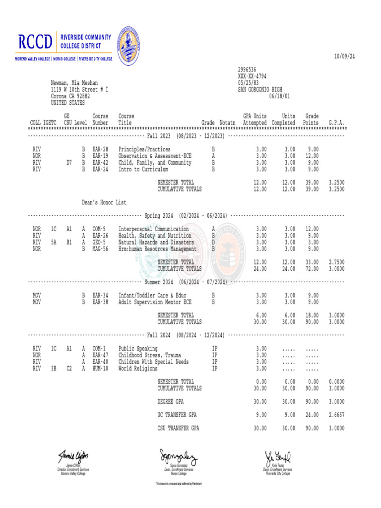 Riverside Community College Transcript | PDF