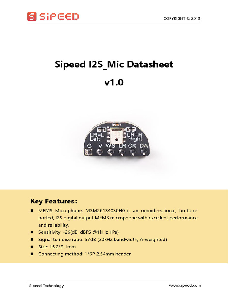 Sipeed I2S - Mic Datasheet V1.0 | PDF | Microphone | Audio Engineering