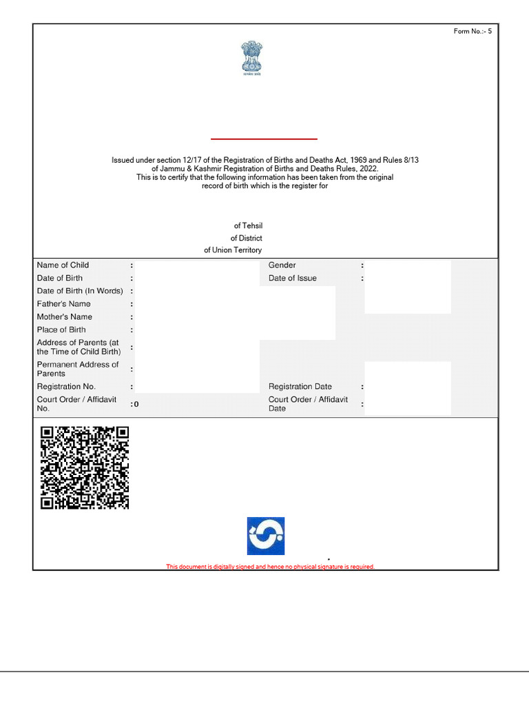 Birth Certificate Srinagar | PDF | Birth Certificate | Government And ...