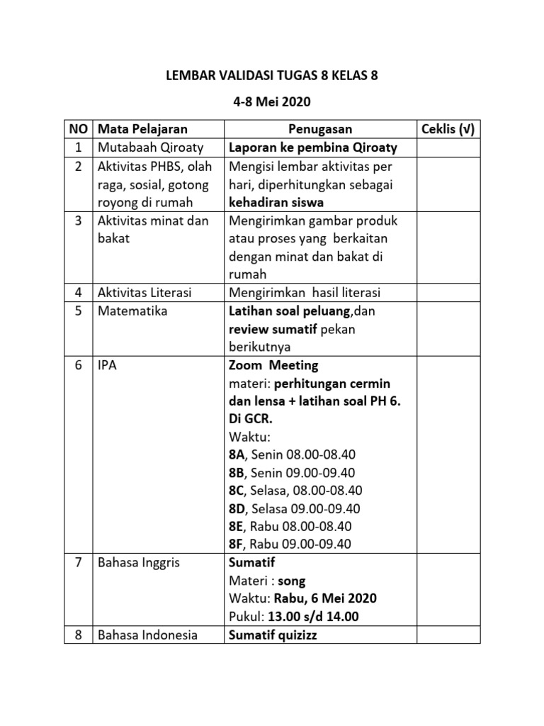 Edited - LEMBAR VALIDASI TUGAS 8 KELAS 8 (4-8 Mei 2020) | PDF