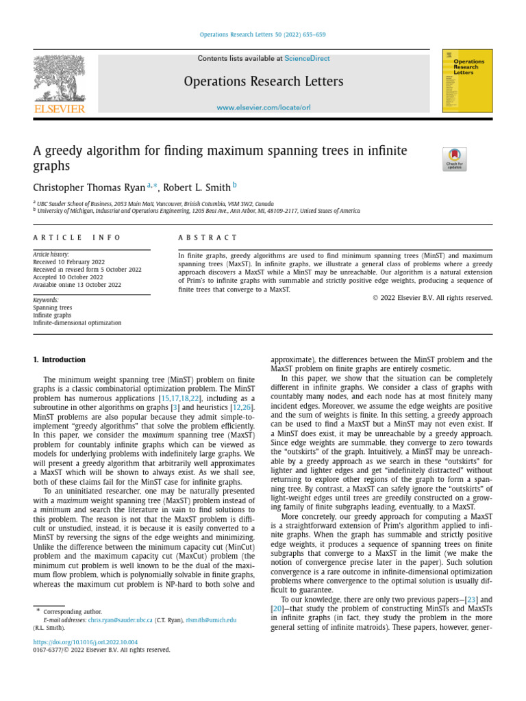 A Greedy Algorithm For Finding Maximum Spanning Trees in Infinite Graphs | PDF | Theoretical ...