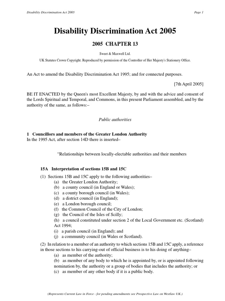 Disability Discrimination Act 2005 | Accessibility | Act Of Parliament
