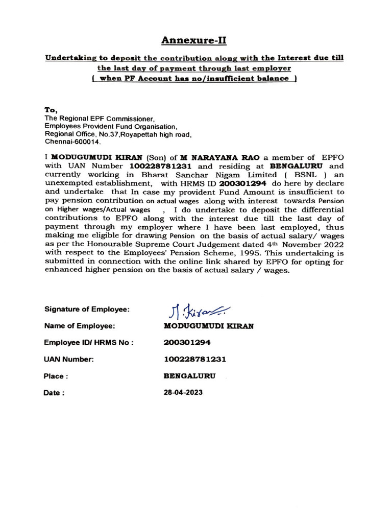 Kiran EPF Annexure II Undertaking | PDF