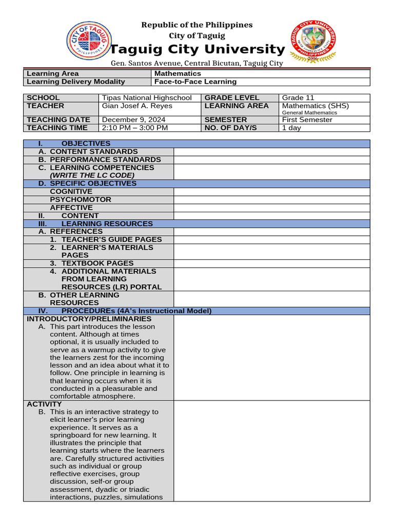 4a Lesson Plan Semi Detailed Format | PDF | Learning | Educational ...