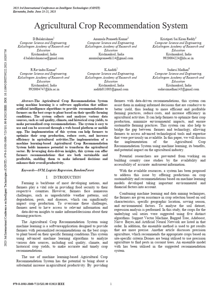 Agricultural Crop Recommendation System | PDF | Support Vector Machine ...