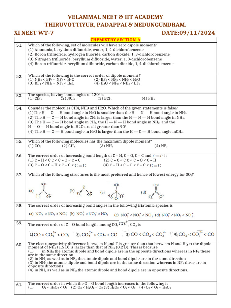 NEET WT-7 (Bond Parameters, VBT, VSEPR) | PDF | Chemical Bond | Covalent Bond