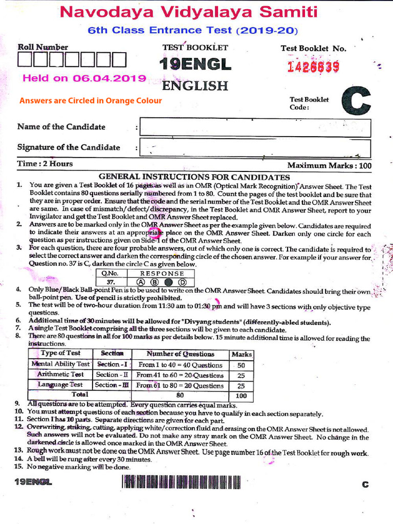 NVS Class 6th Previous Year Question Papers 2020 | PDF